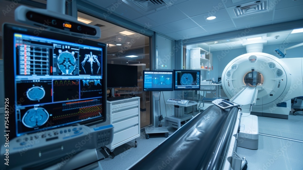 Observation room inside a CT laboratory featuring a computer tomograph ...