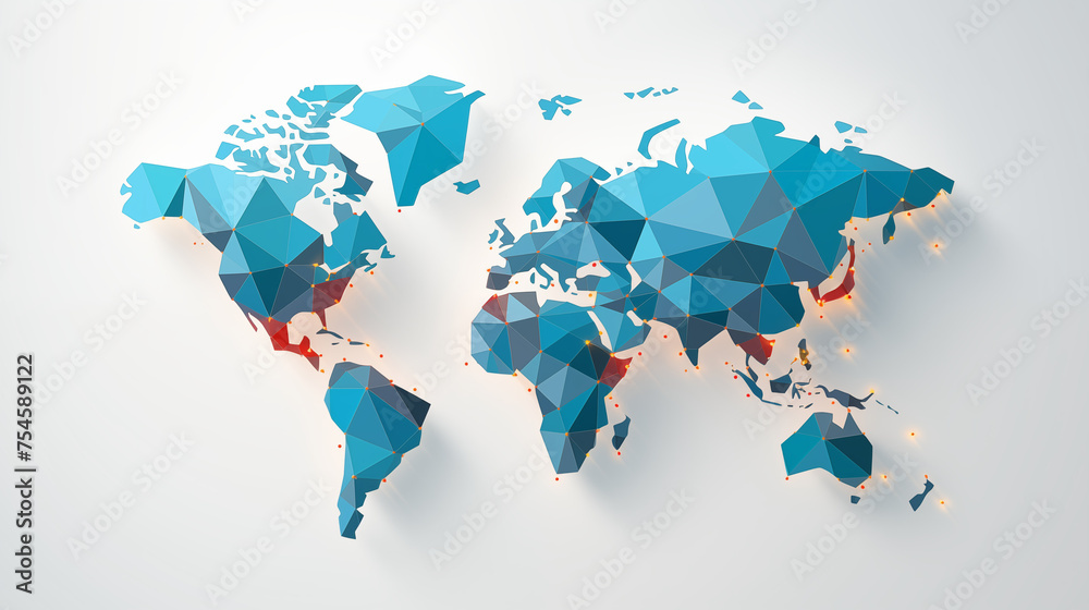 Abstract Low-Poly World Map with Fiery Accents Stock Illustration ...
