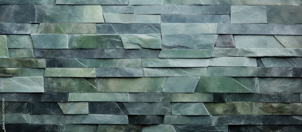 A modern-style stone wall featuring different shades of green slate ...