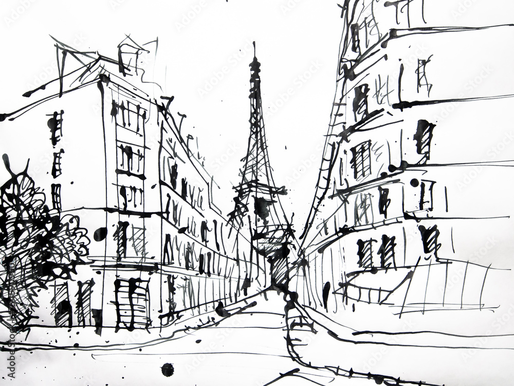 Paris, France handmade illustration. Black and white drawing of Paris ...