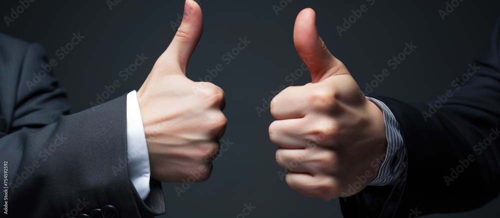 Two young business men in suits standing side by side, both giving ...