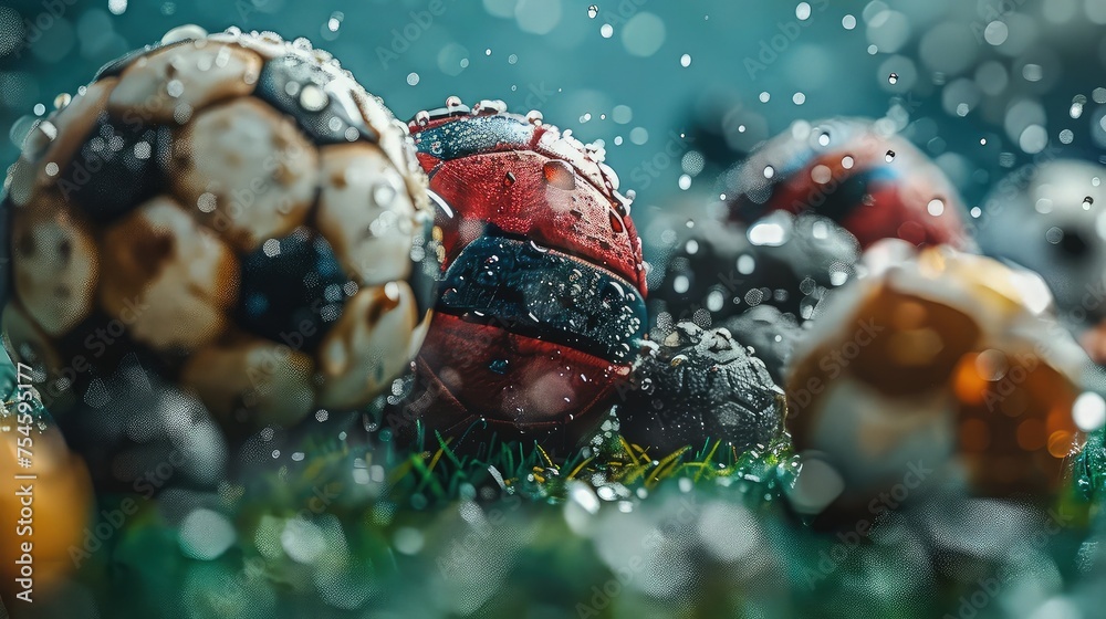 Rainy Day Close-ups: Sports Balls on Wet Grass Fields with Sporting ...