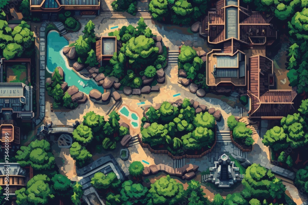 Pixelated village for game map. pixel map in the game. pixelated ...
