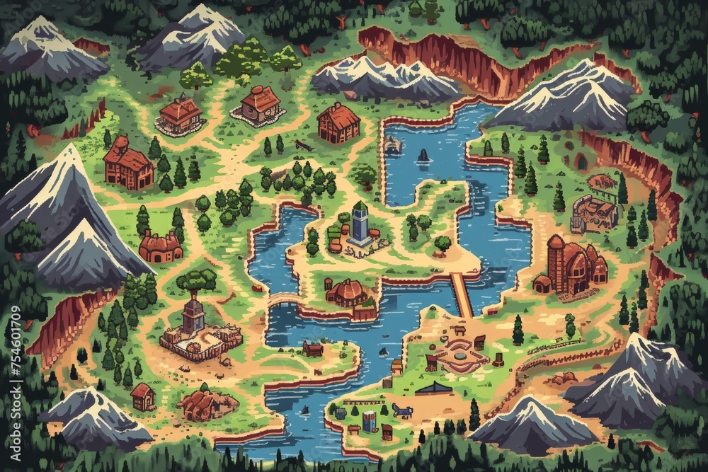 Pixelated village for game map. pixel map in the game. pixelated ...