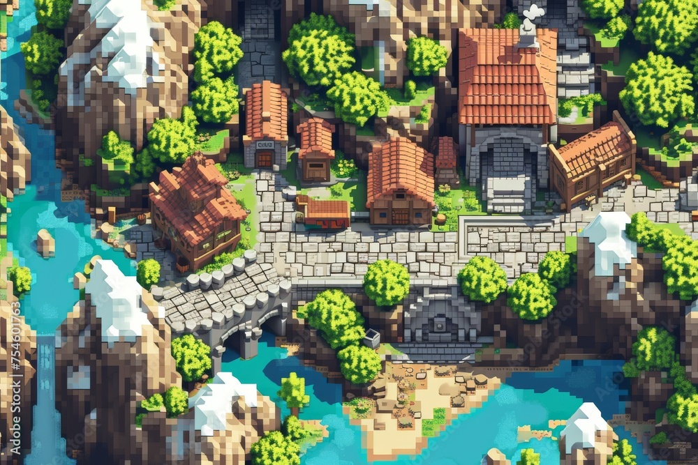 Pixelated village for game map. pixel map in the game. pixelated ...