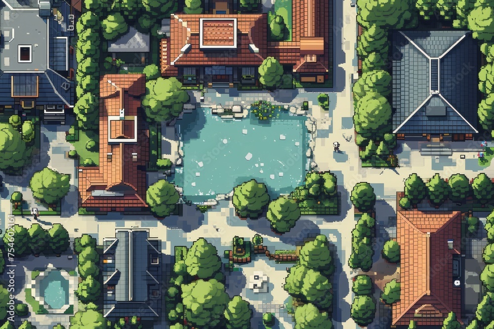 Pixelated village for game map. pixel map in the game. pixelated ...