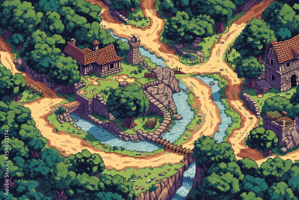 Pixelated village for game map. pixel map in the game. pixelated ...