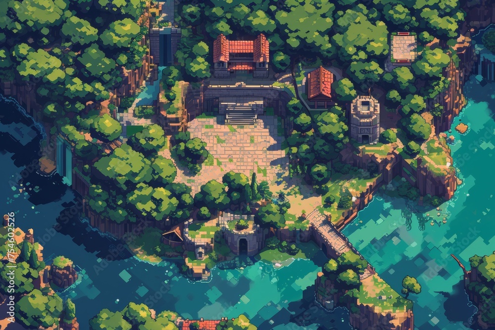 Pixelated village for game map. pixel map in the game. pixelated ...