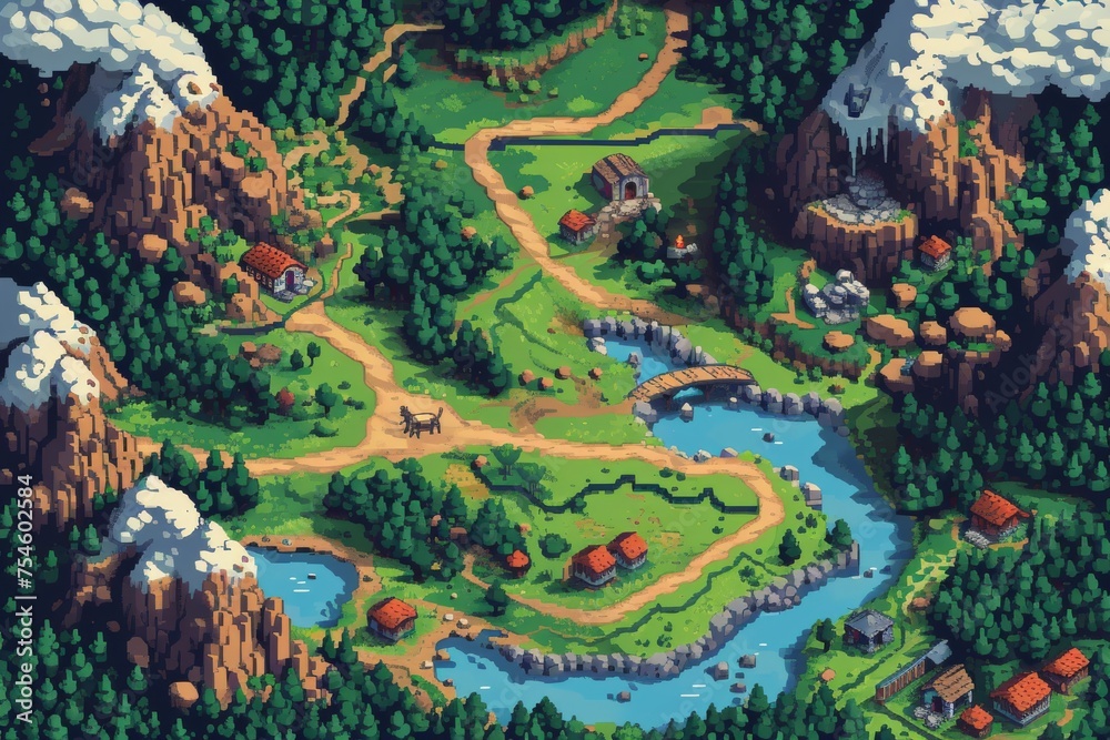 Pixelated village for game map. pixel map in the game. pixelated ...