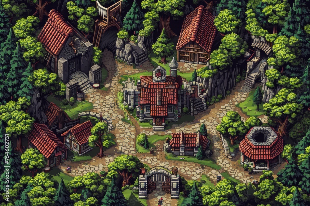 Pixelated village for game map. pixel map in the game. pixelated ...