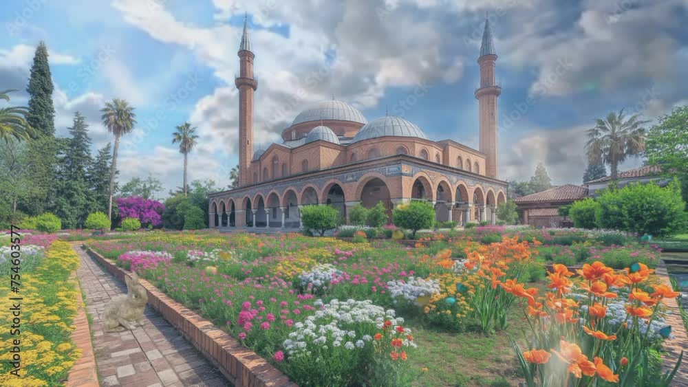 Beautiful mosque surrounded by vibrant flower gardens, radiating ...