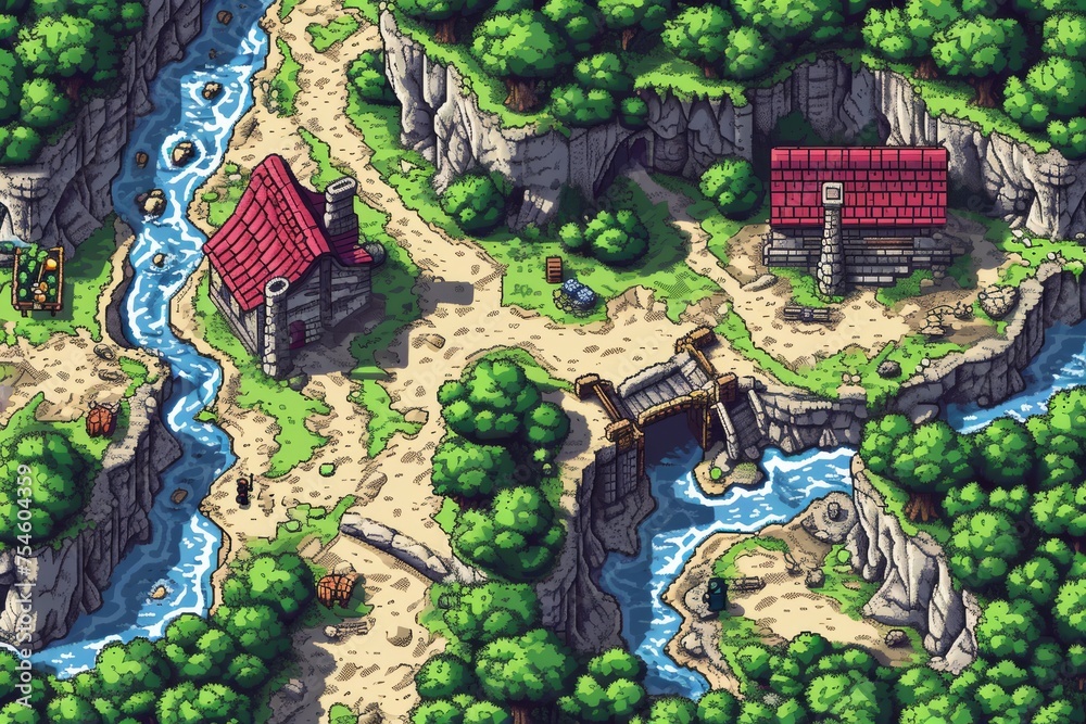 Pixelated village for game map. pixel map in the game. pixelated ...