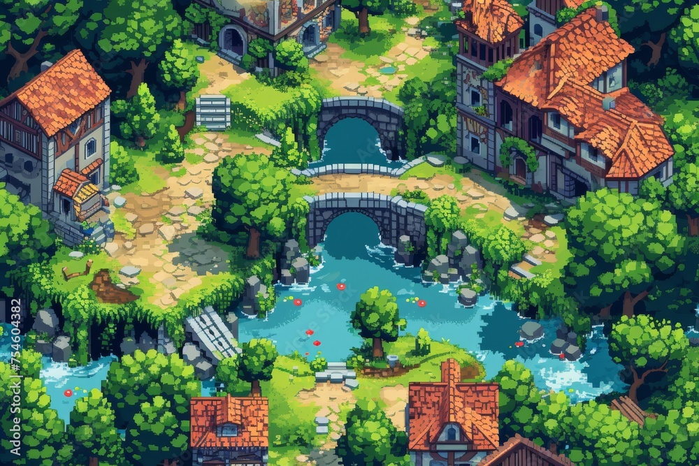 Pixelated village for game map. pixel map in the game. pixelated ...