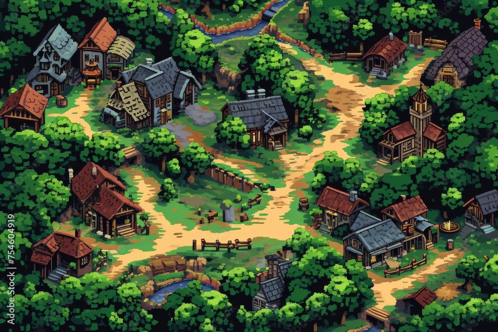 Pixelated village for game map. pixel map in the game. pixelated ...
