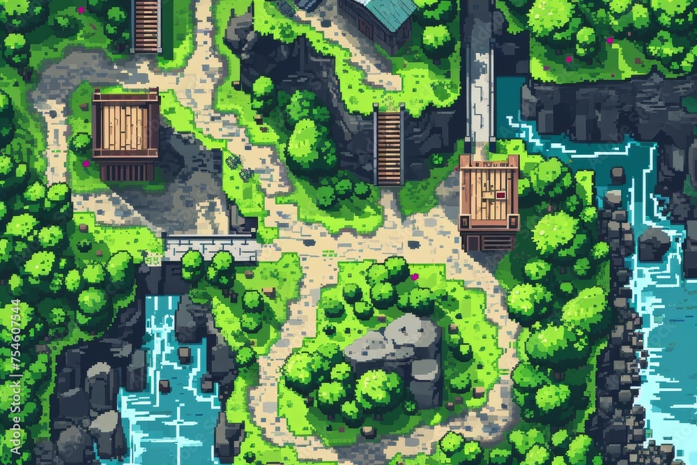Pixelated village for game map. pixel map in the game. pixelated ...