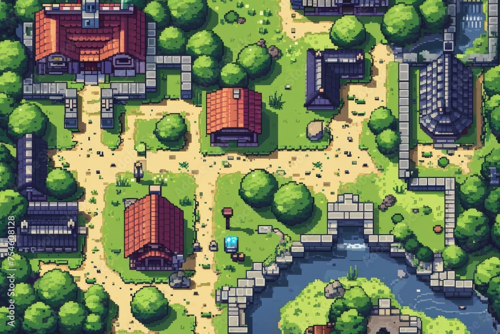 Pixelated village for game map. pixel map in the game. pixelated ...