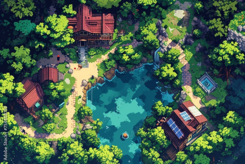 Pixelated village for game map. pixel map in the game. pixelated ...