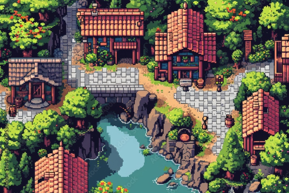 Pixelated village for game map. pixel map in the game. pixelated ...