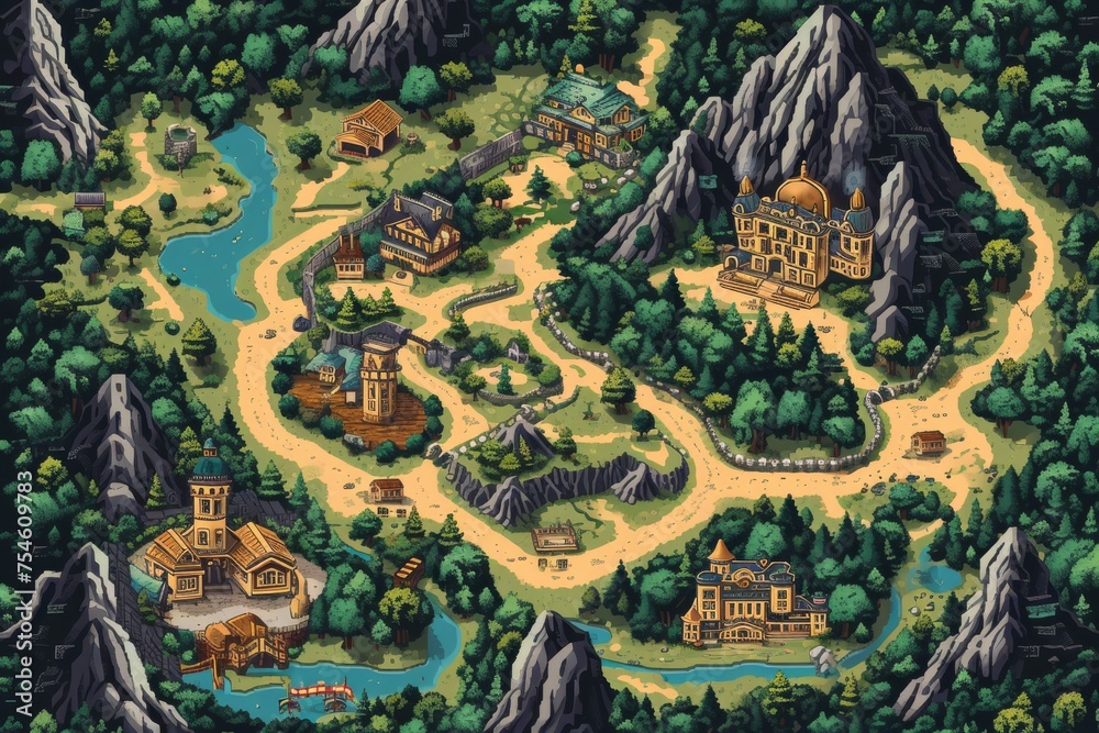 Pixelated village for game map. pixel map in the game. pixelated ...