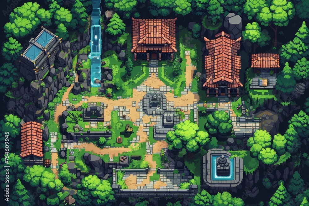 Pixelated village for game map. pixel map in the game. pixelated ...