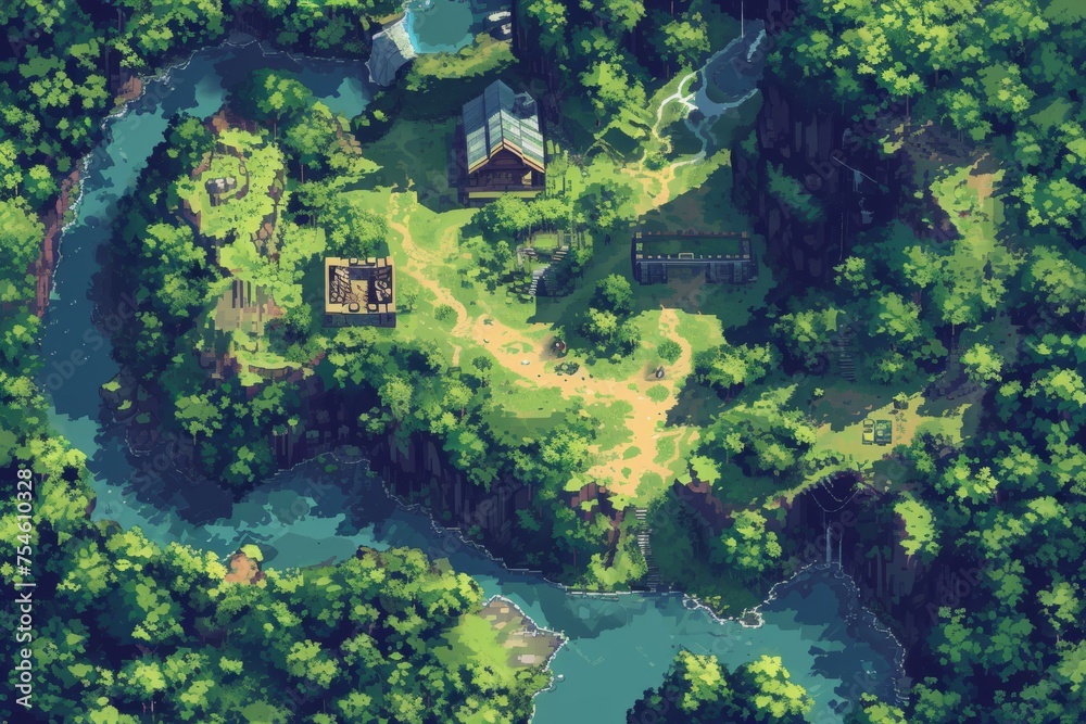 Pixelated village for game map. pixel map in the game. pixelated ...