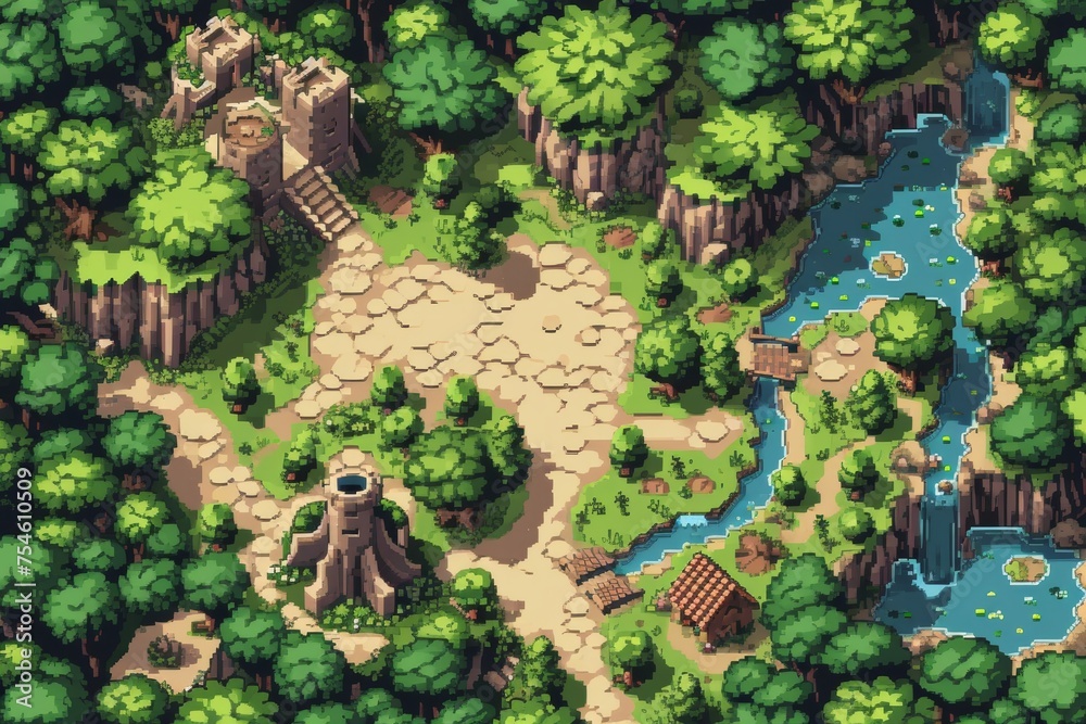 Pixelated village for game map. pixel map in the game. pixelated ...