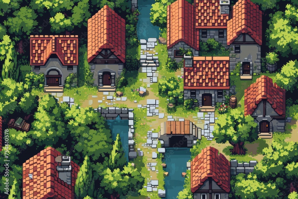 Pixelated village for game map. pixel map in the game. pixelated ...