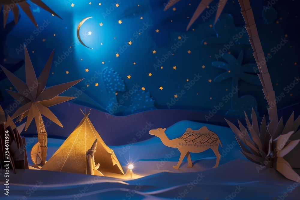 A papercraft scene depicting a desert night with a paper tent, a camel ...