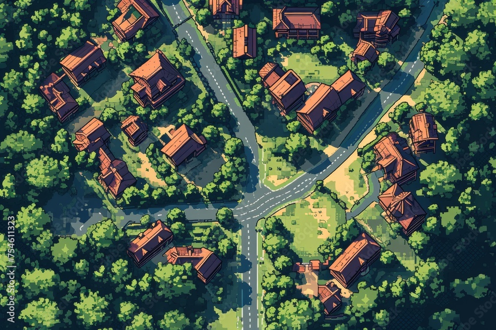 Pixelated village for game map. pixel map in the game. pixelated ...