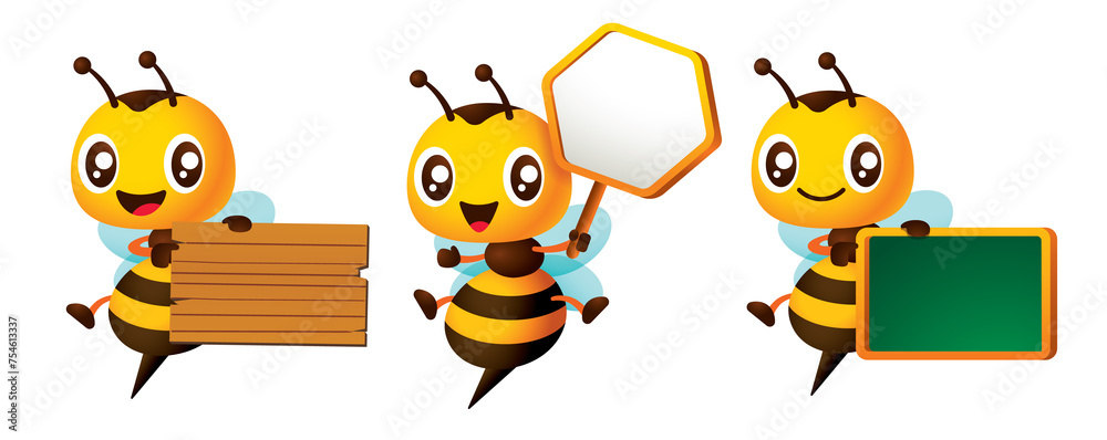 Cartoon cute bee hold signboard variation mascot set. Cute bee carries ...