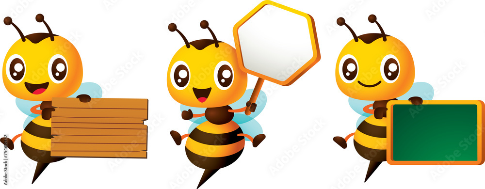 Cartoon cute bee hold signboard variation mascot set. Cute bee carries ...