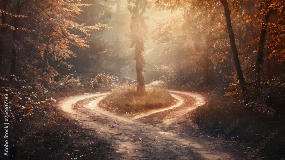 Golden light on a forest fork in the road - A mystical forest path ...