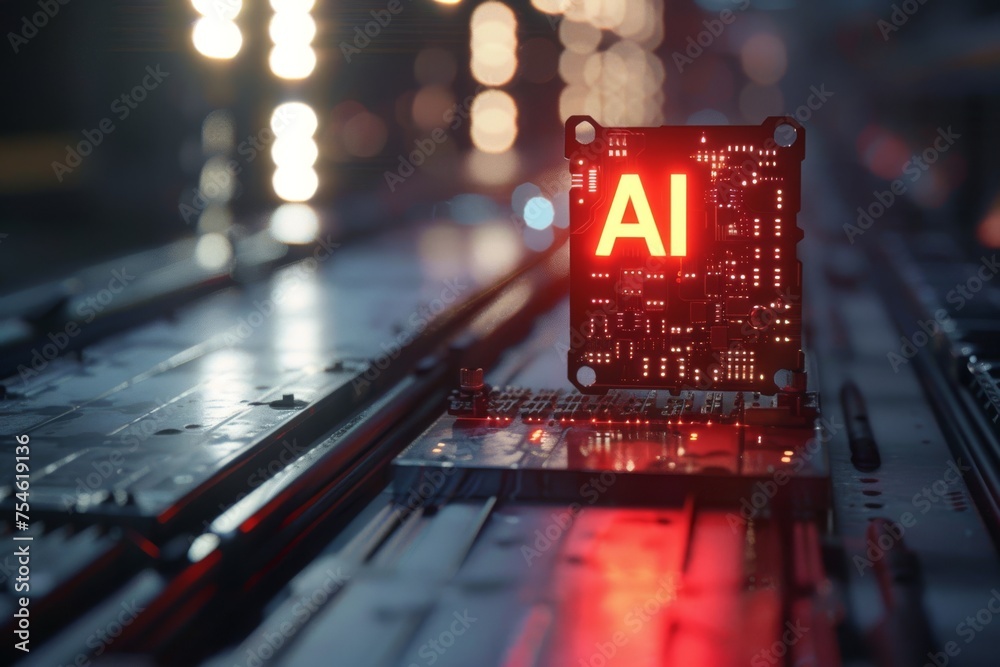 Red glowing AI microprocessor for artificial intelligence on circuit ...