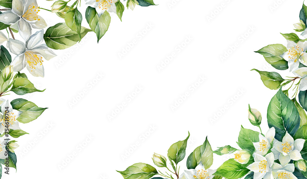 watercolor jasmine flower isolated on white background. border corner ...