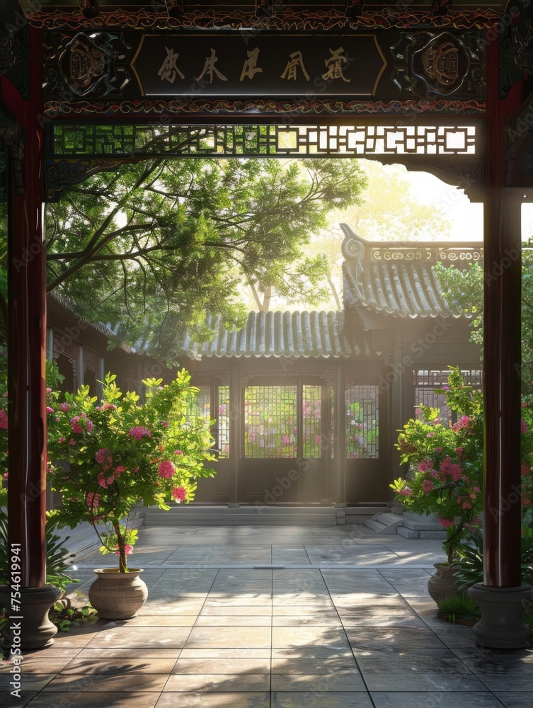 Sunlit pathway through a traditional Chinese arch - Warm sunlight ...