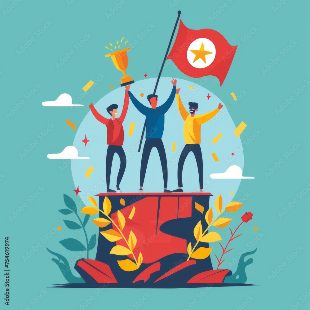 Triumphant team celebrating victory on podium - An illustration showing ...