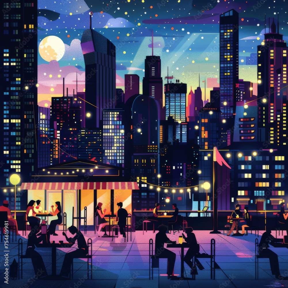 Vibrant city nightlife scene with diners - Illustration of an animated ...