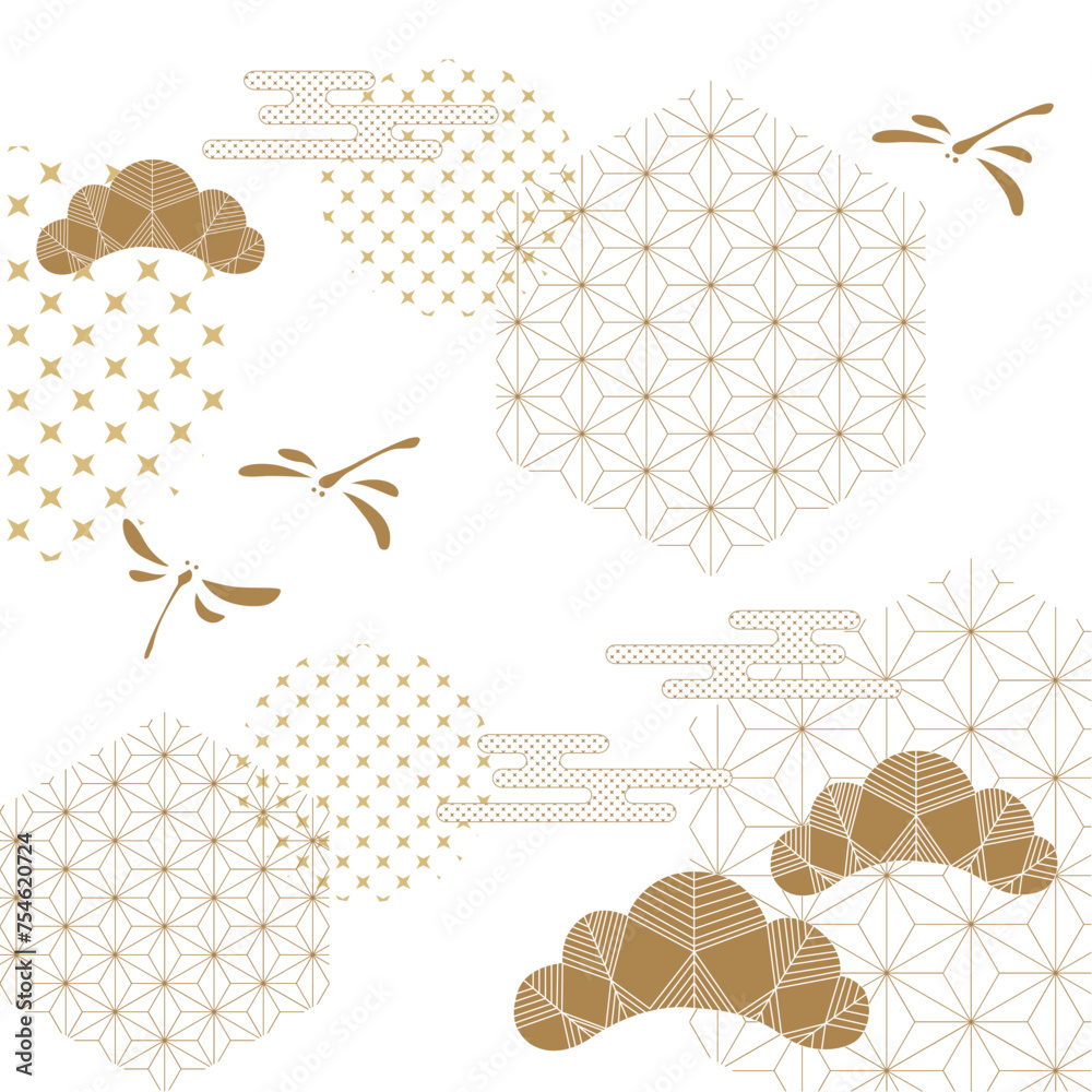 Bonsai tree and geometric pattern with hand drawn wave and cloud ...