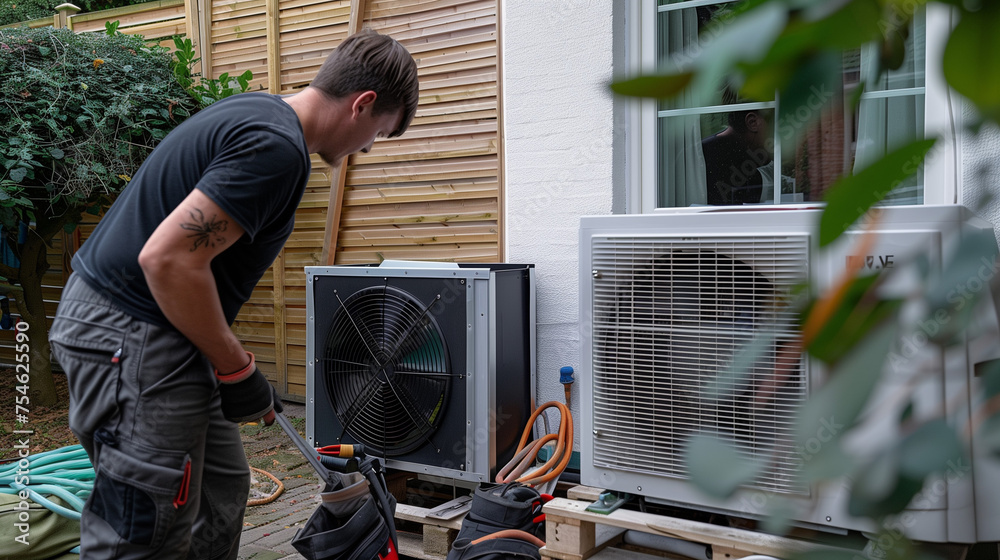 male Engineer worker installing an air source heat pump unit outdoors ...