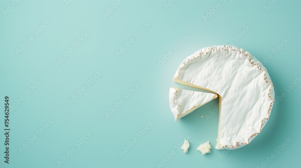Camembert cheese wheel with one slice removed on a light blue ...