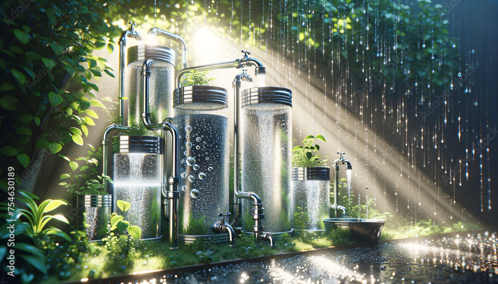 Rainwater collection system with sparkling droplets in a lush garden ...