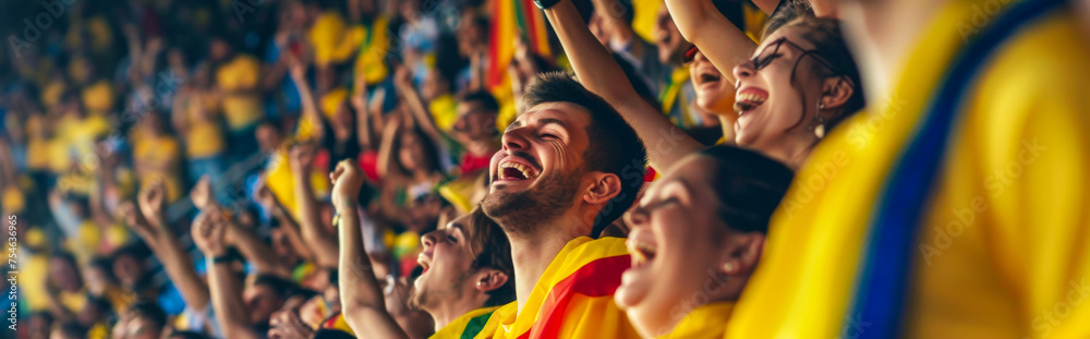 Romanian football soccer fans in a stadium supporting the national team ...