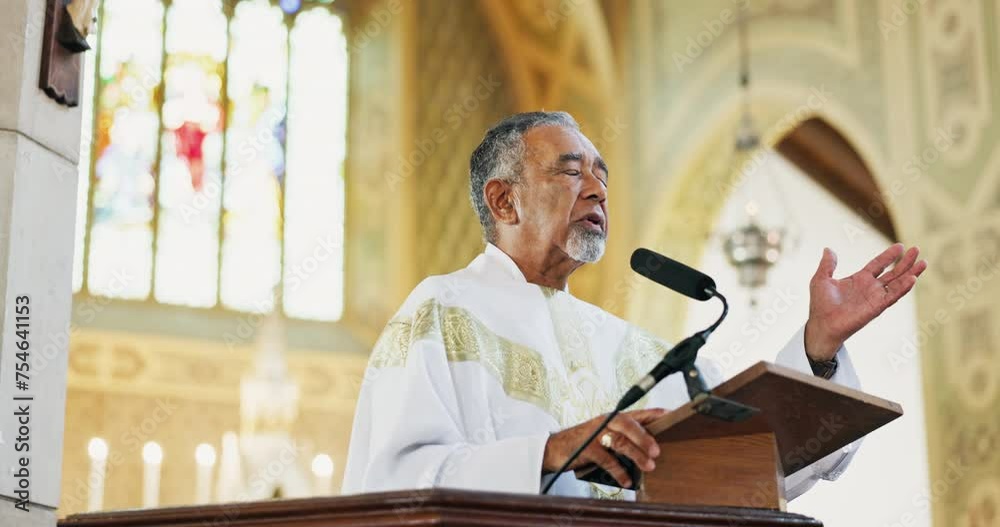 Man, priest and chapel sermon for religion ceremony for memorial prayer ...