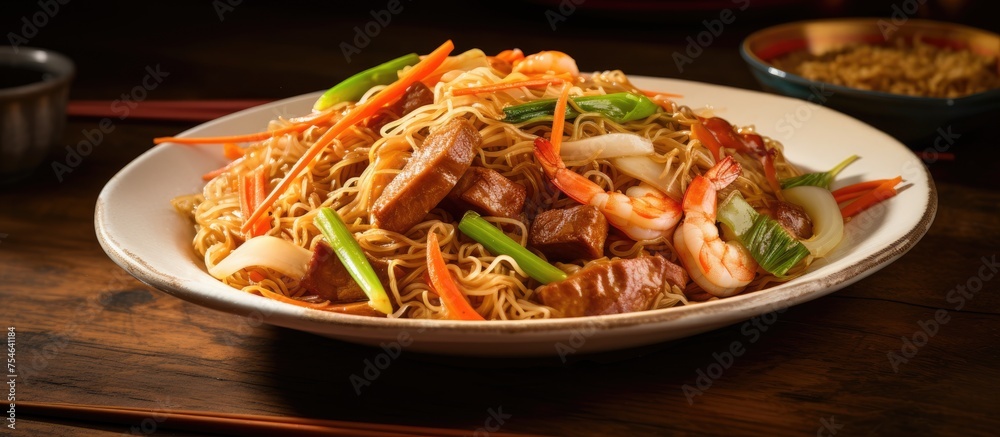 A plate filled with Pancit Canton noodles stir-fried with savory meat ...