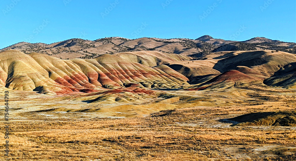 Painted Hills landscape, central Oregon, pumice and ash from volcanic ...