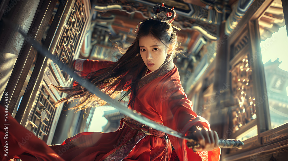 Photo of the beautiful female protagonist in a red Hanfu holding a ...