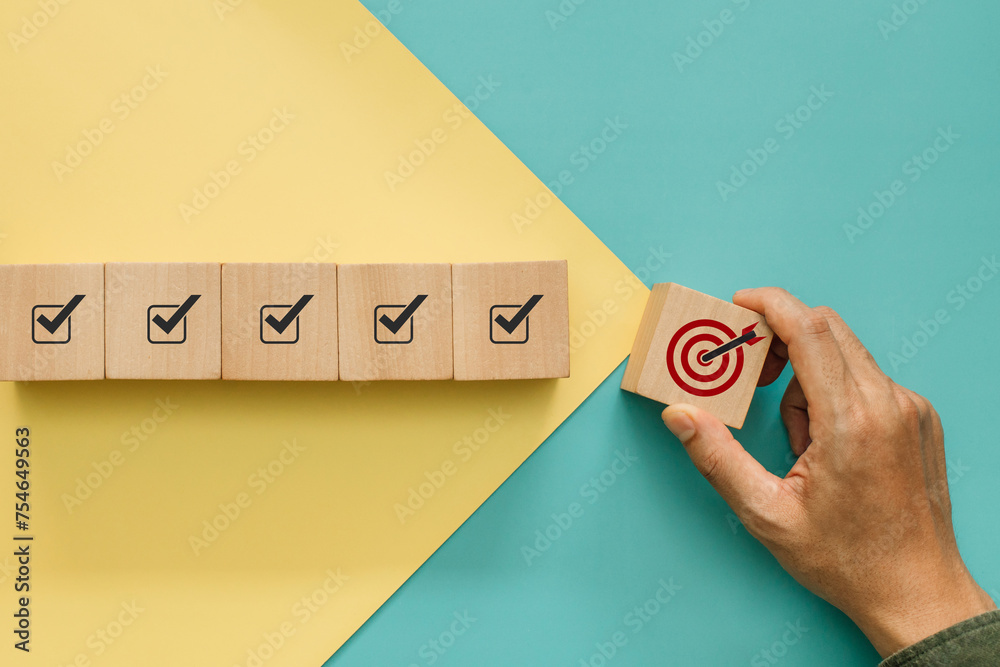 Concept of business success growth increase up. Hand hold wooden cube ...