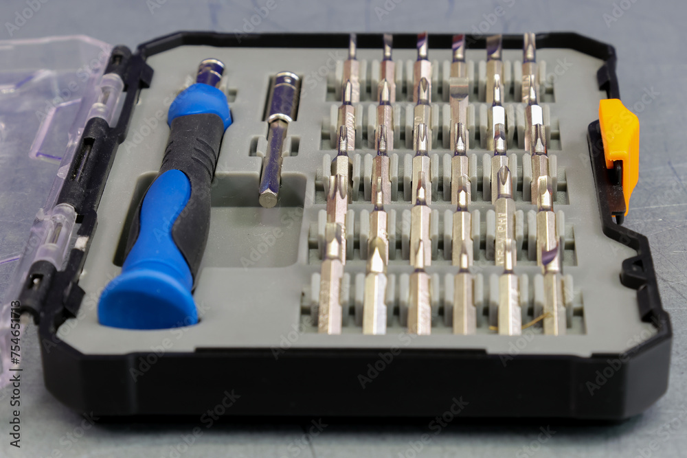 Universal tool box, tool kit closeup with set of hex, torx and ...