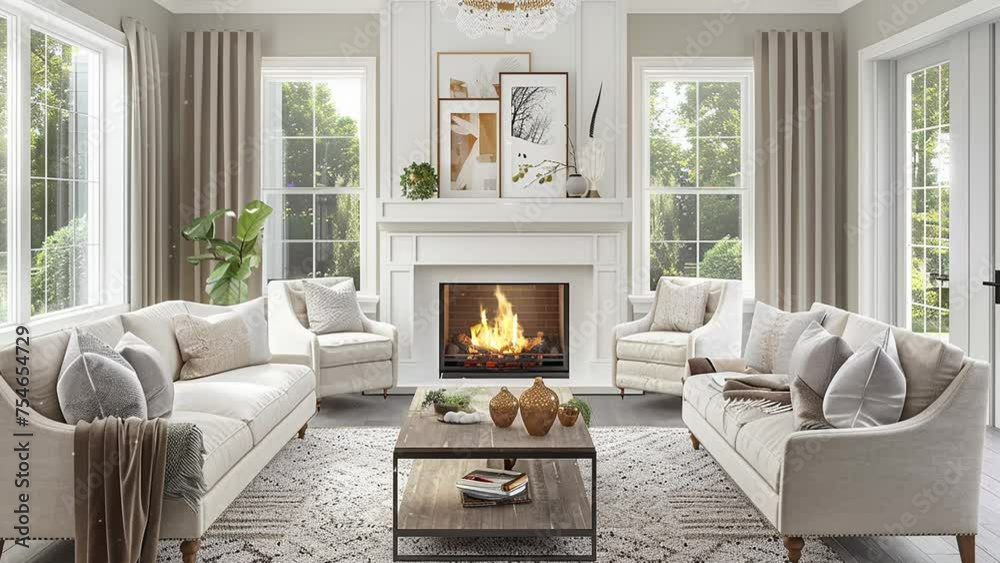 beautiful living room interior in new home with fireplace. elegant room ...