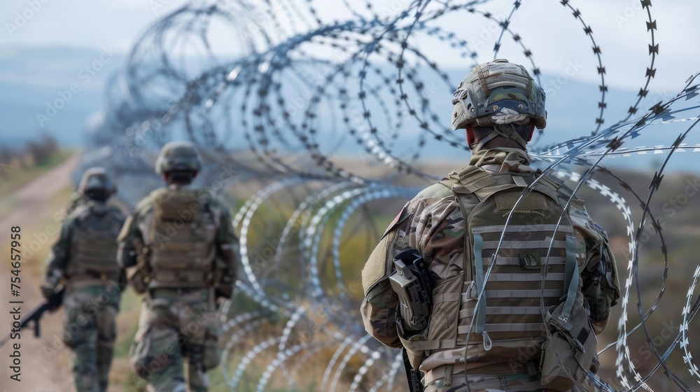 Military and border guards with weapons patroling along the border with ...